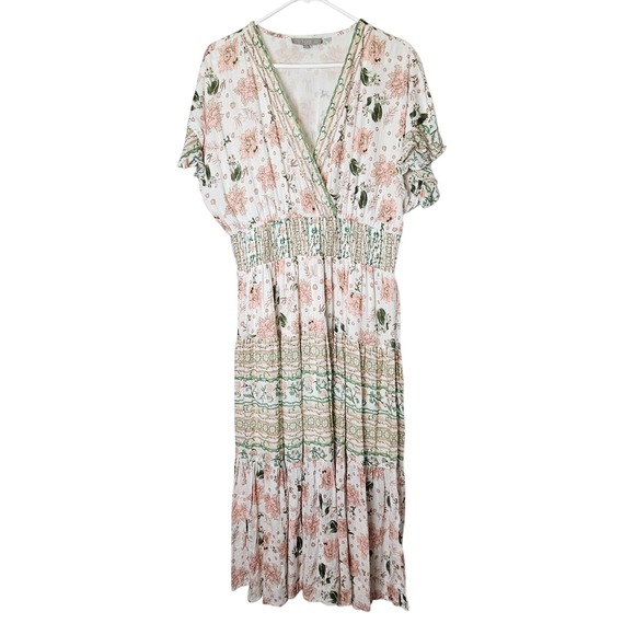 Dresses | J Gee Floral Boho Maxi Dress Smocked Waist Ruffle Sleeves S ...